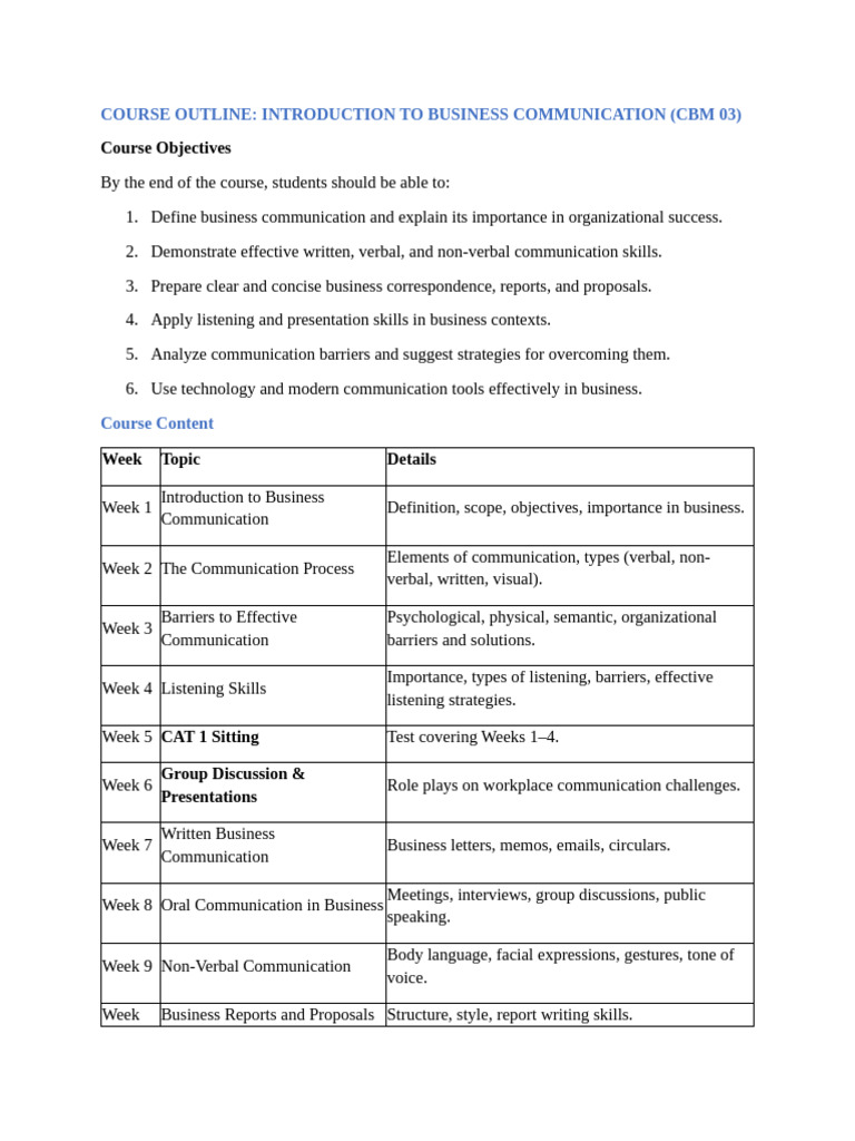 Business Communication Course Outline | PDF | Communication | Nonverbal ...