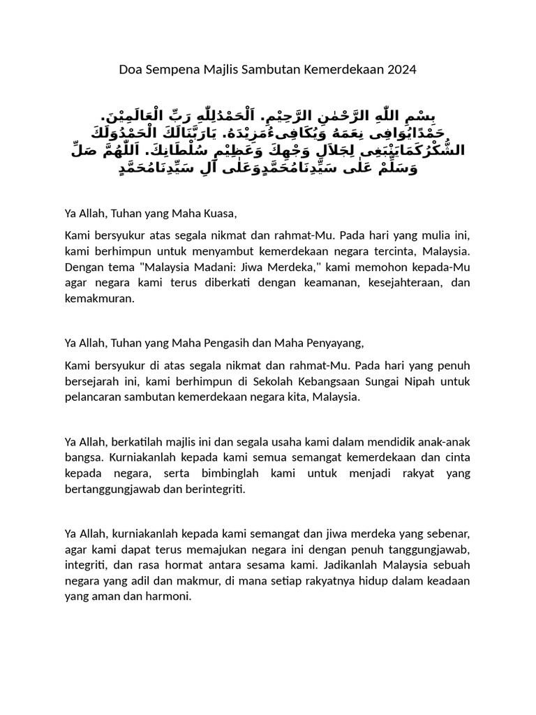 Doa Majlis Kemerdekaan 2024 Malaysia | PDF