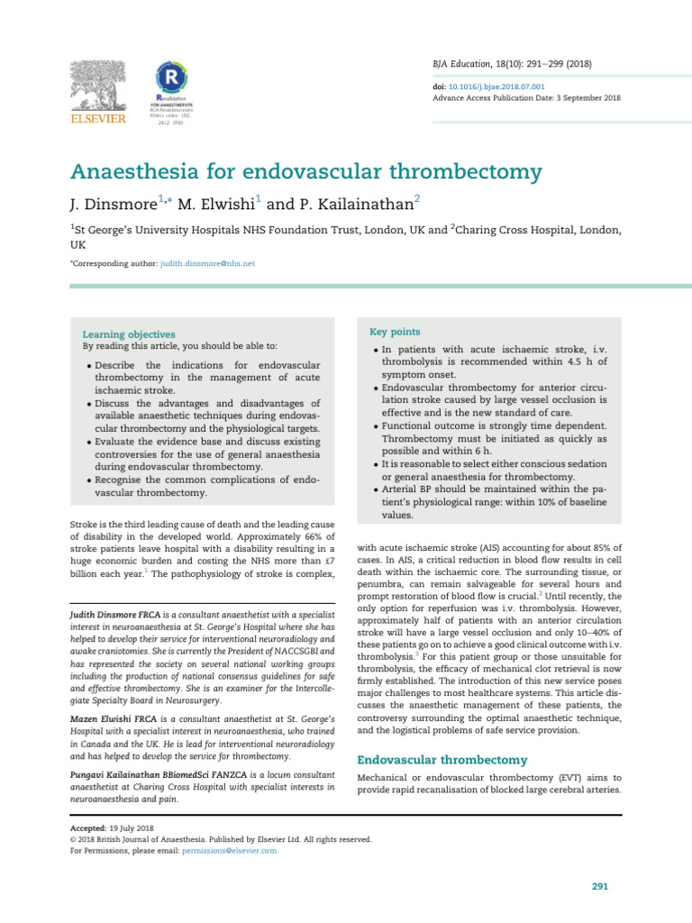 Anaesthesia For Endovascular Thrombectomy | PDF | Anesthesia | Interventional Radiology