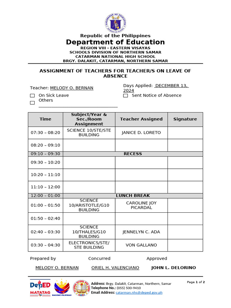 Teacher Assignment for Leave of Absence | PDF