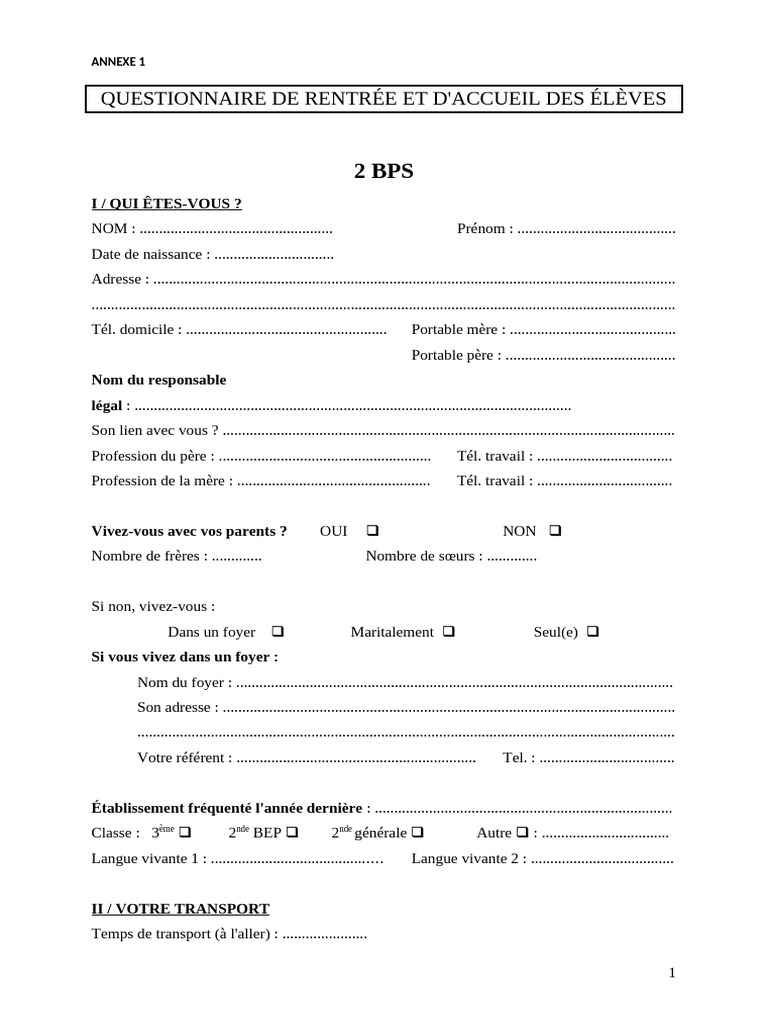 Questionnaire de rentrée élèves | PDF