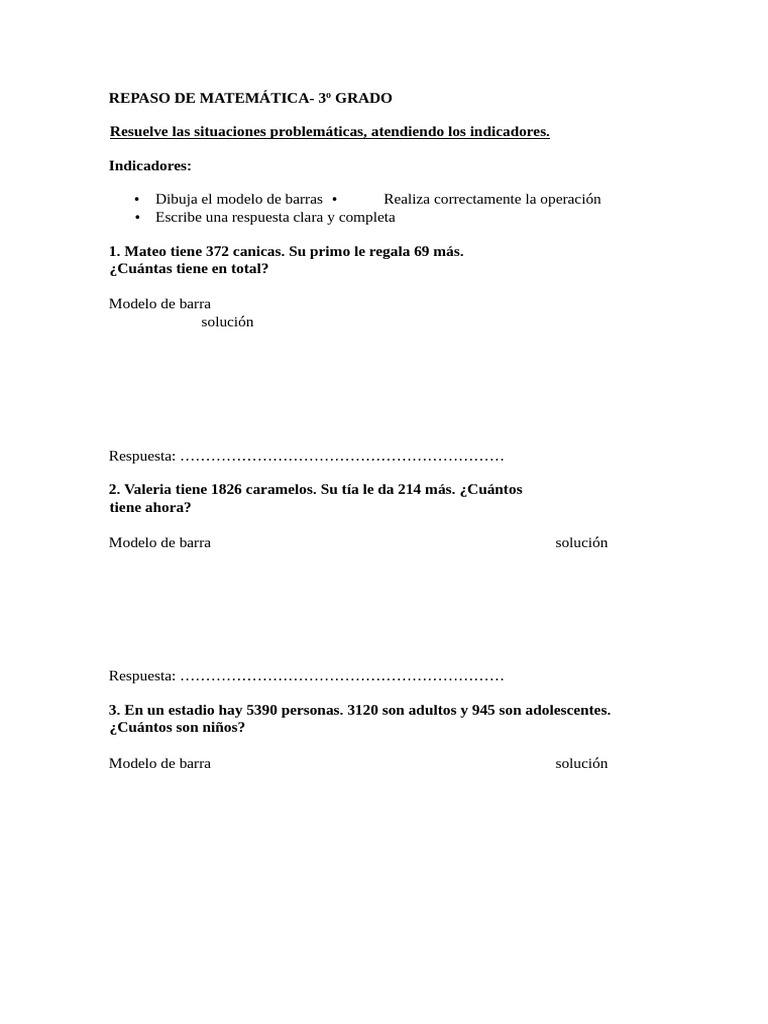 Repaso de Matemática 3º Grado | PDF