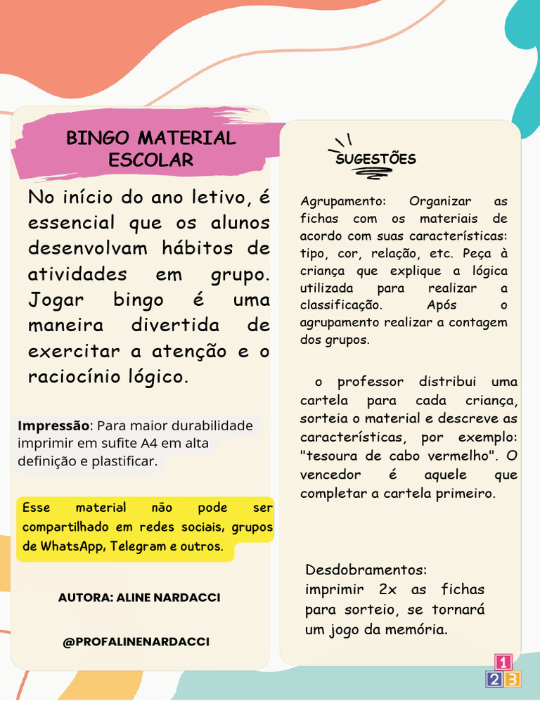 Bingo de Material Escolar para Crianças | PDF