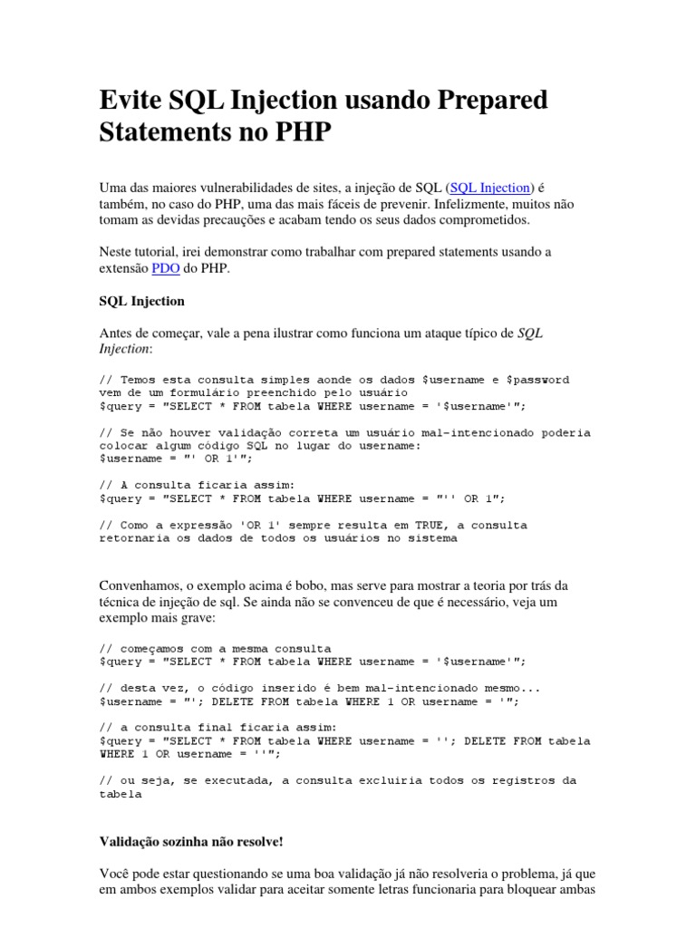Evite SQL Injection Usando Prepared Statements No PHP | PDF | SQL | Bancos de dados