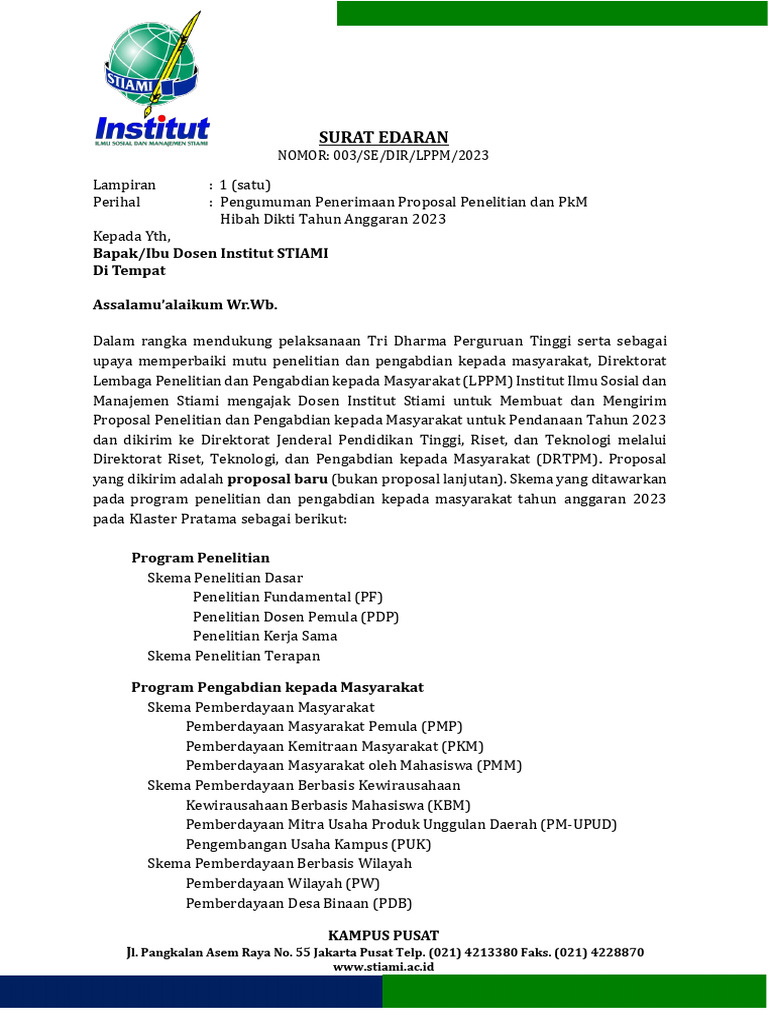 003 SE Pengumuman Penerimaan Proposal Penelitian - 2 | PDF