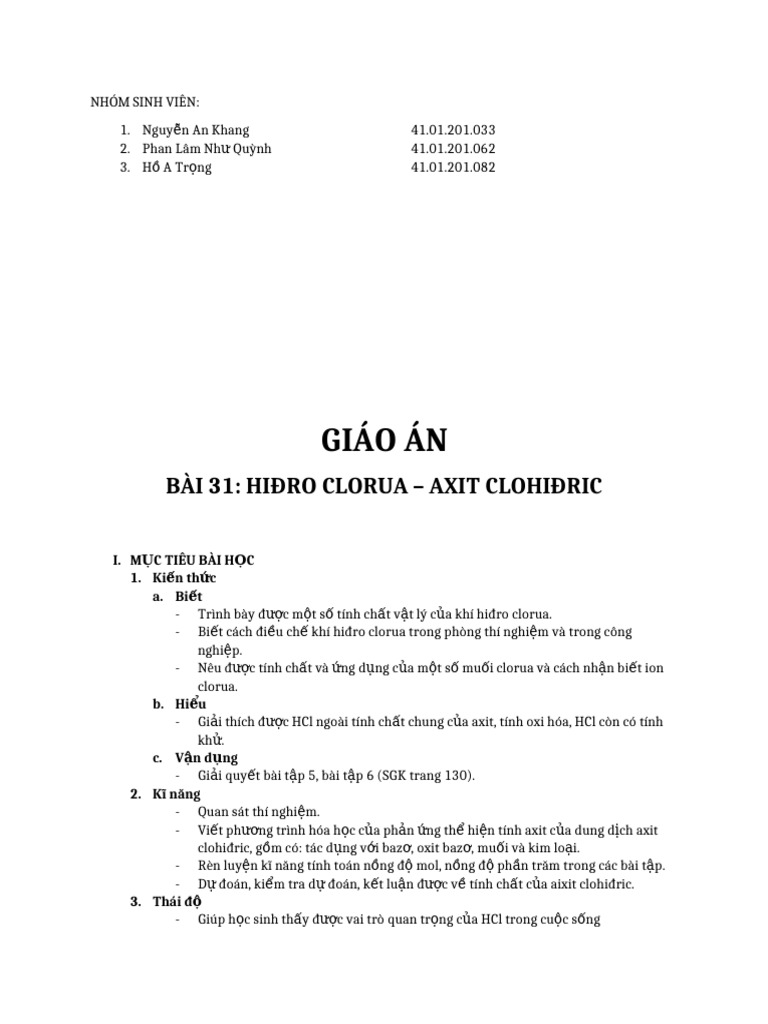 Bai 31 - Hiđrô Clorua - Axit Clohidric - Giáo Án 2 | PDF
