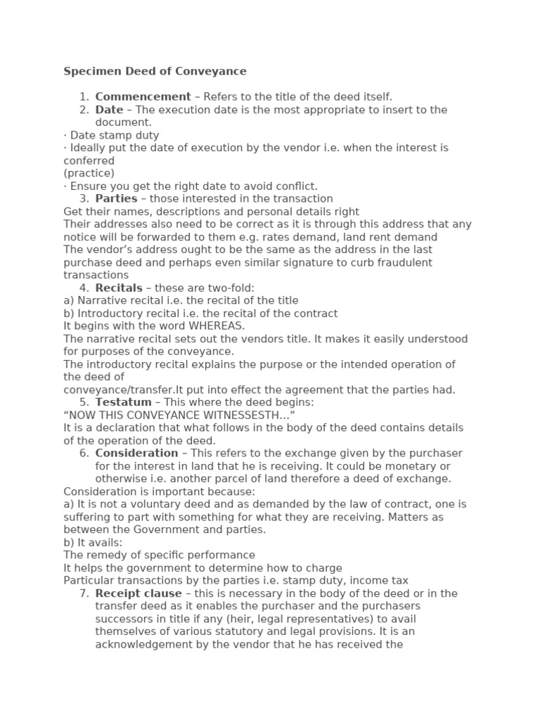 Specimen Deed of Conveyance | PDF | Deed | Covenant (Law)