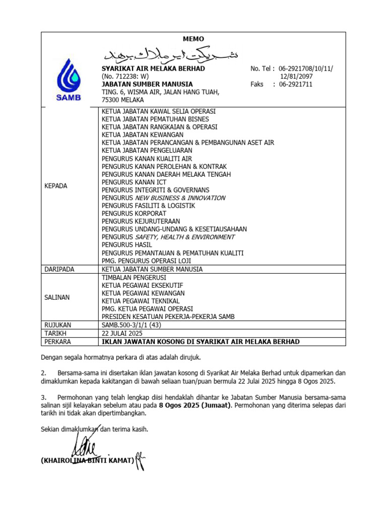 MEMO IKLAN JAWATAN KOSONG DI SYARIKAT AIR MELAKA BERHAD 22 JULAI 2025 ...