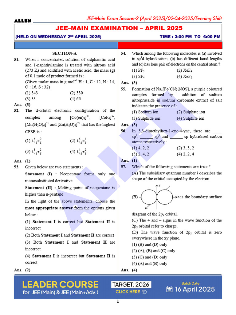 02 April Shift 2 Chemistry Ans | PDF | Redox | Chemical Reactions