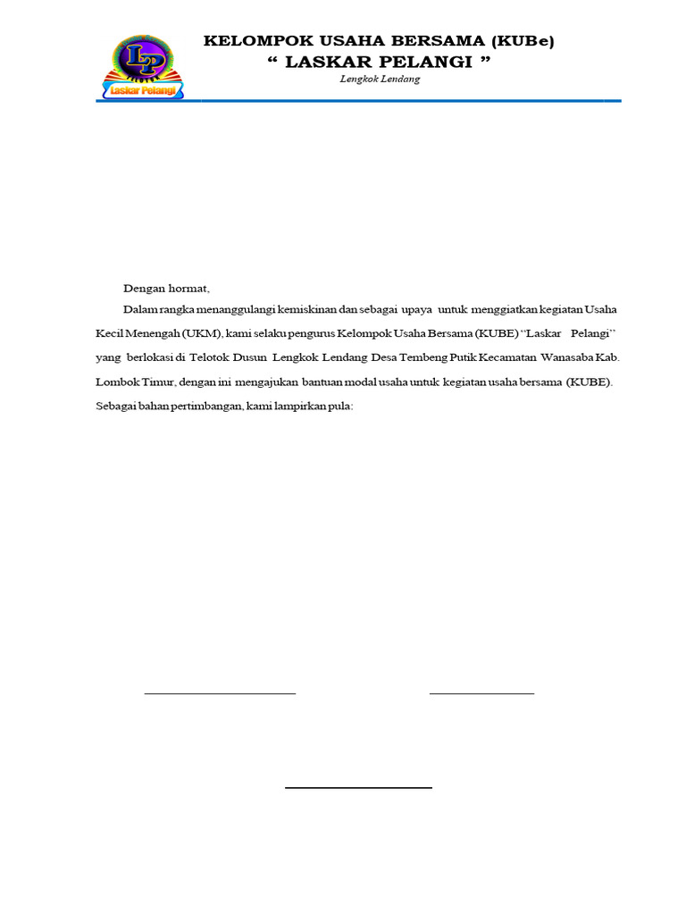 Permohonan Dana KUBE Laskar Pelangi | PDF