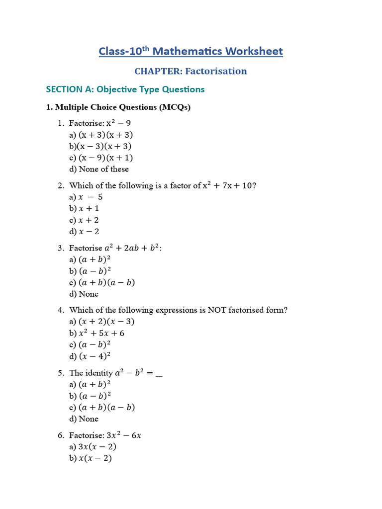 Worksheet Factorisation | PDF | Factorization | Algebra