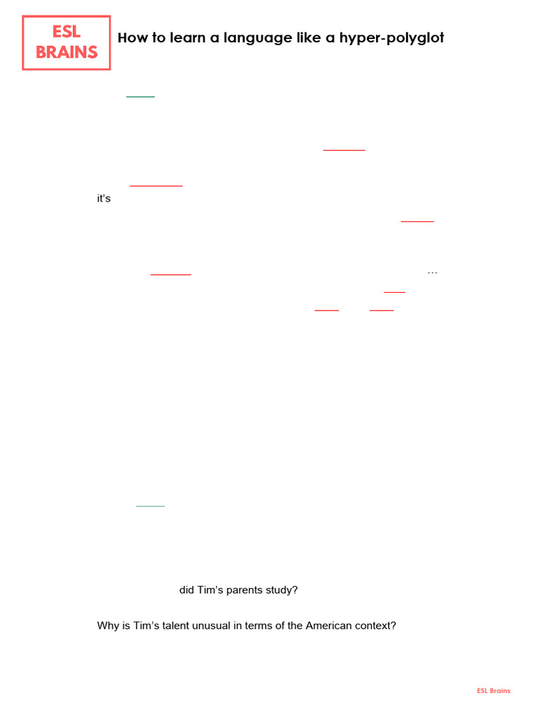 ESL Brains How To Learn A Language Like A Hyper Polyglot TV 1141 | PDF | English As A Second Or ...