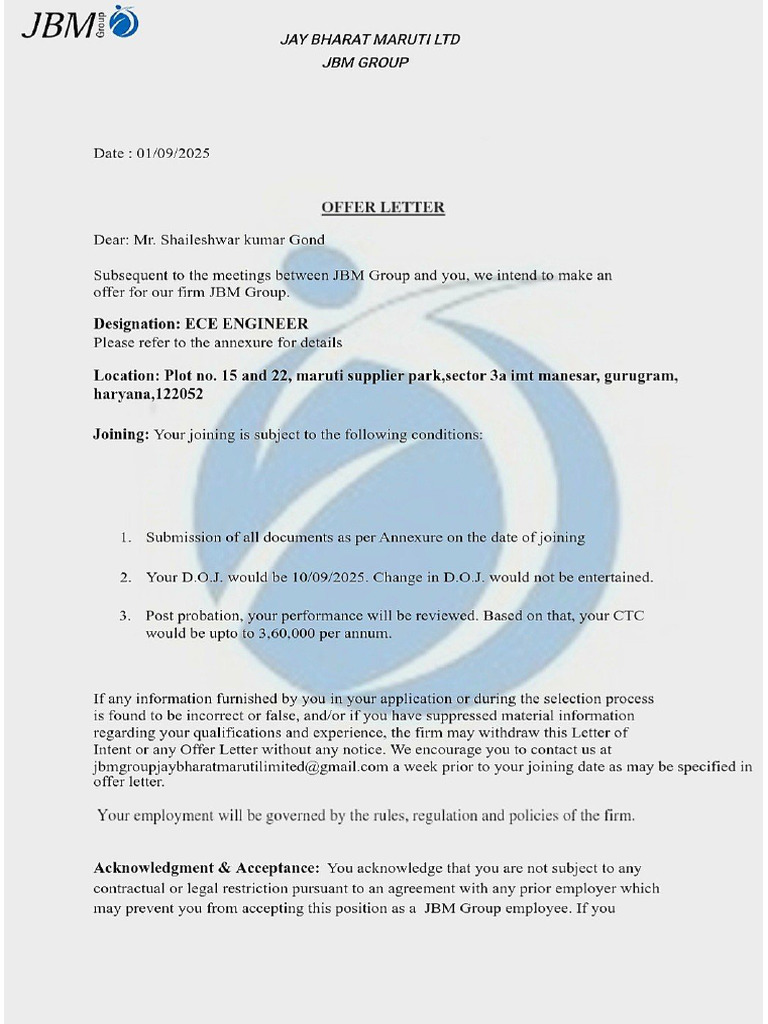 Offer Letter Shaileshwar Kumar Gond | PDF