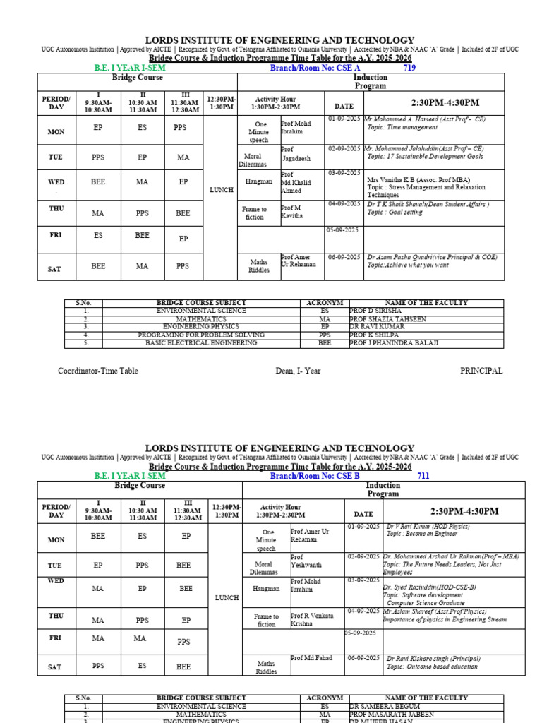Bridge Course Timetable 2025-2026 | PDF | Science