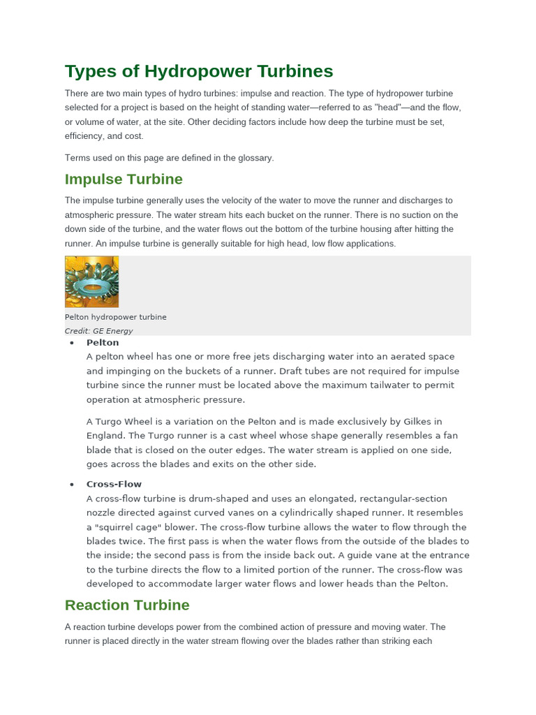 Types of Hydropower Turbines Explained | PDF | Turbine | Gases
