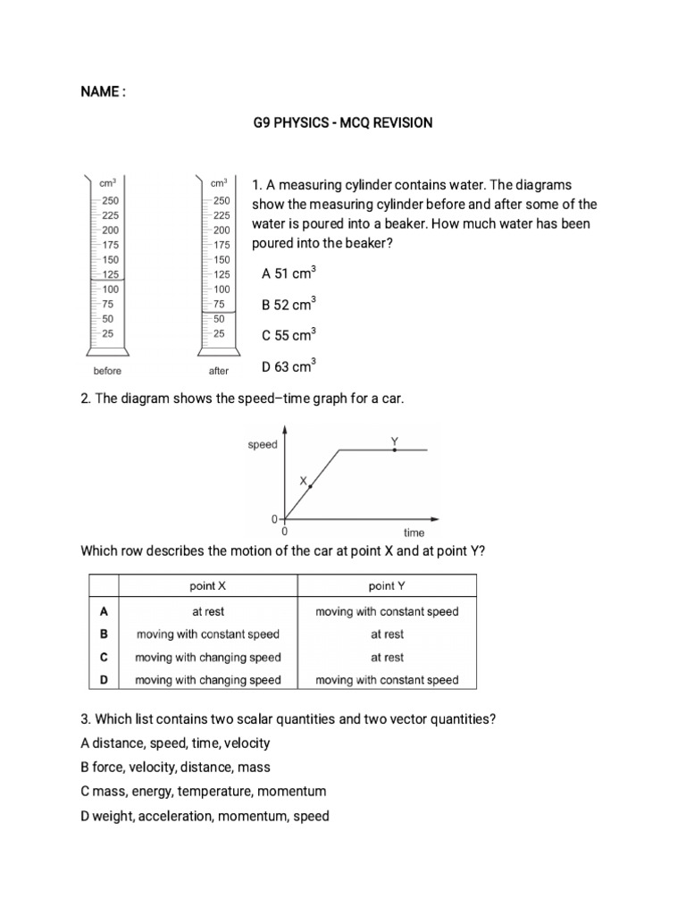 g9 Physics MCQ Ws - 2nd September 2025 | PDF | Velocity | Acceleration