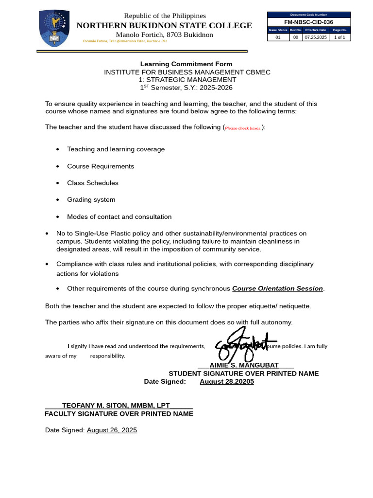 Aimie Mangubat - FM-NBSC-CID-036 Learning Commitment Form CBMEC1 | PDF