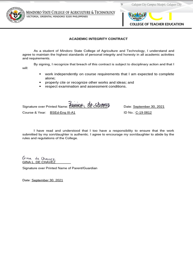Academic Integrity Contract Format | PDF