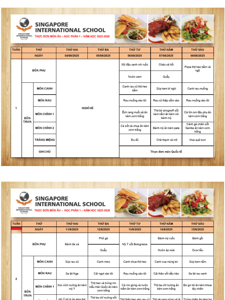 Menu Inter - Term 1 - SY 25 26 - Aug - VN | PDF