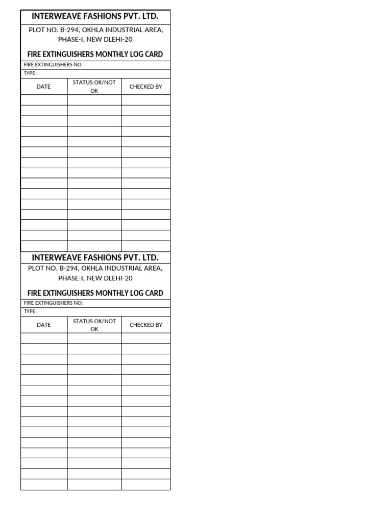Monthly Fire Extinguisher Log Card | PDF