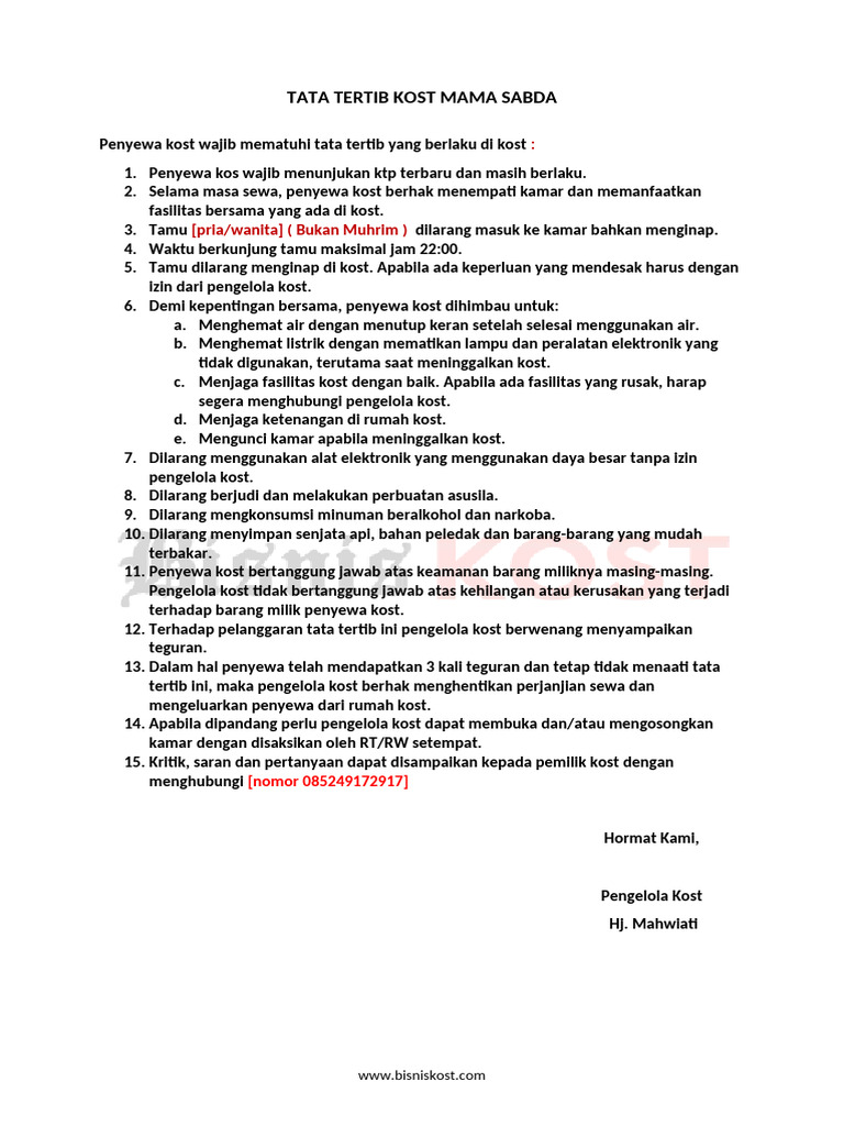 Contoh Peraturan Kost 3 | PDF