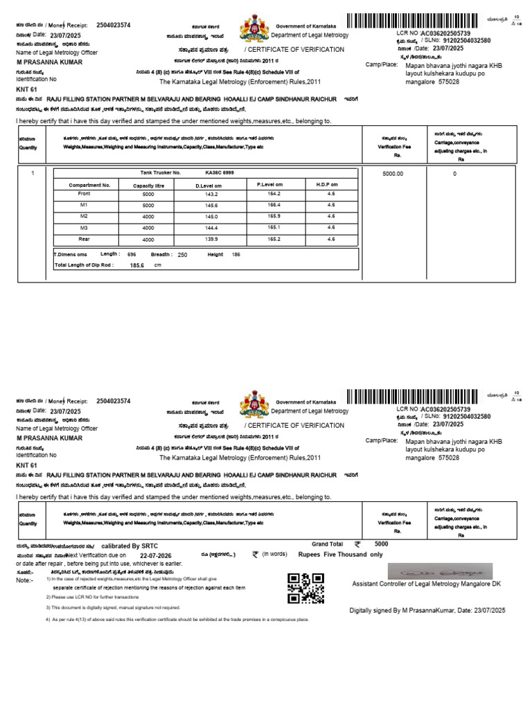 Karnataka Legal Metrology Verification Certificate | PDF