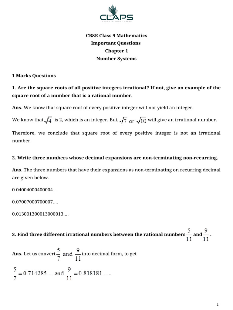 Questionbank Class 9 Maths Chapter1 | PDF | Numbers | Rational Number