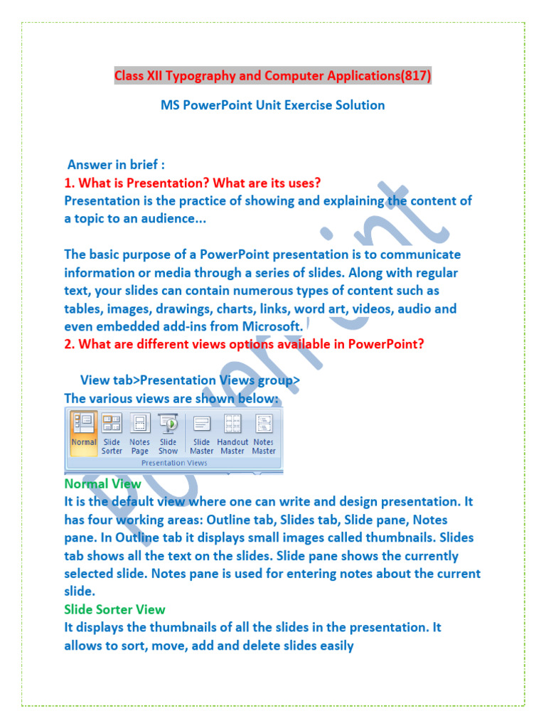 Class XII MS PowerPoint Uniit Exercise Solution | PDF | Microsoft Power ...