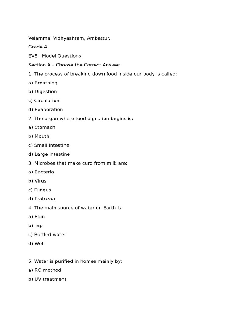 Grade 4 EVS Model Questions | PDF | Water | Wool