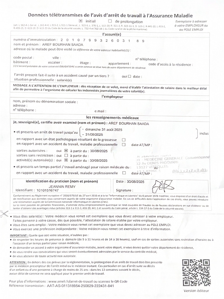 Données Télétransmises de L'avis D'arrêt de Travail À L'assurance ...