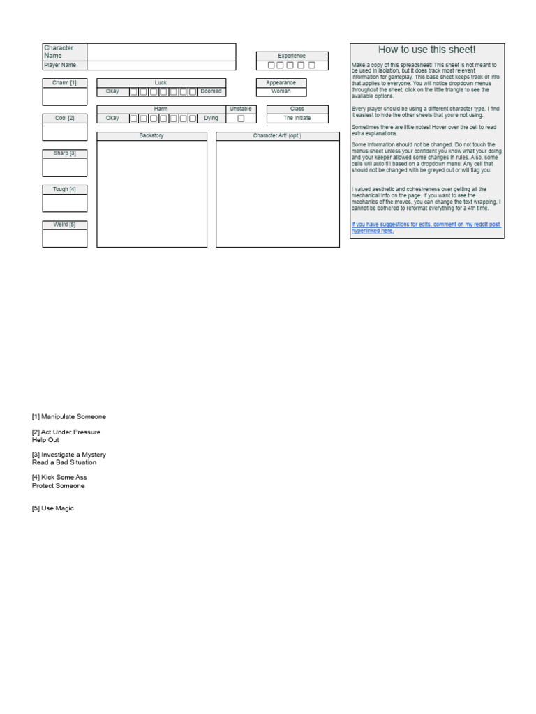 Monster of The Week Character Sheet v1.2 - Base Sheet | PDF
