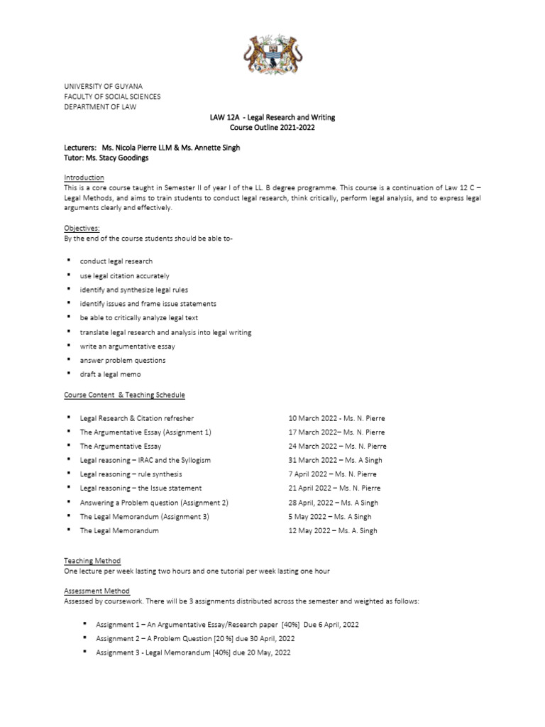 Legal Research and Writing Course Outline | PDF