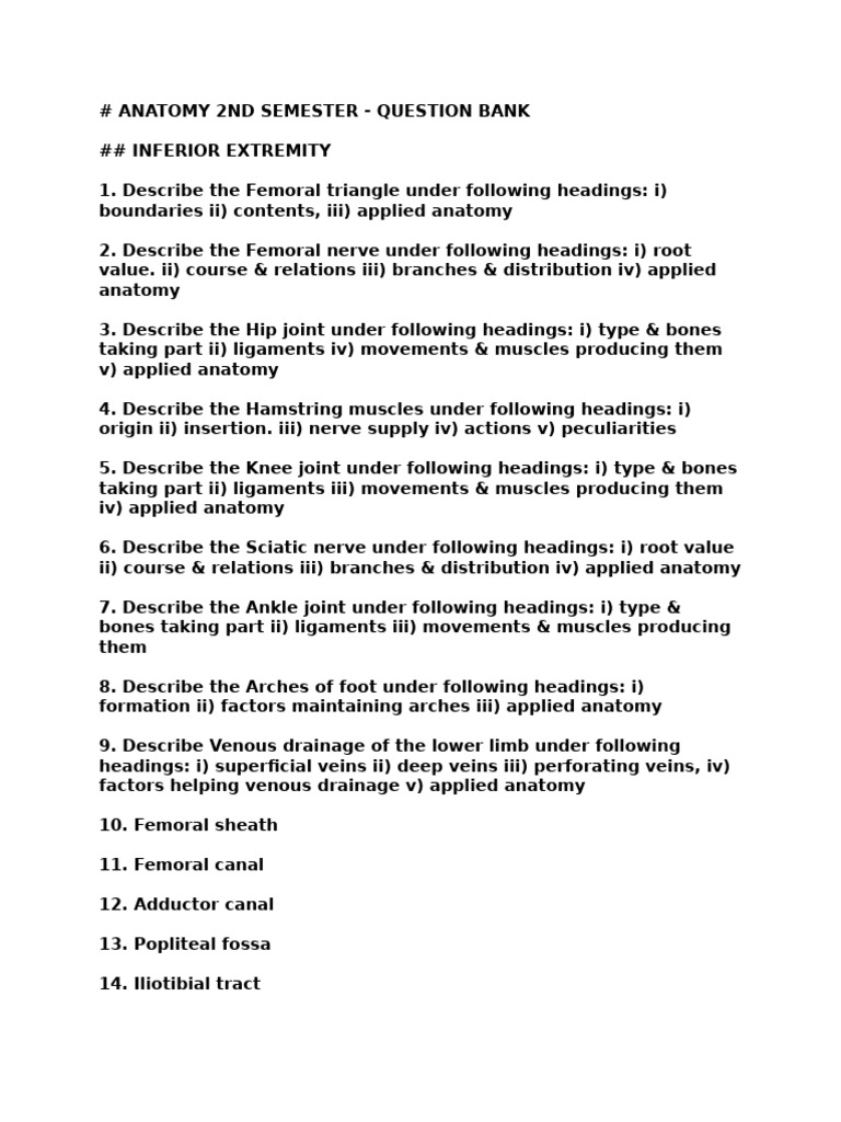 Anatomy Question Bank for 2nd Semester | PDF | Foot | Vein