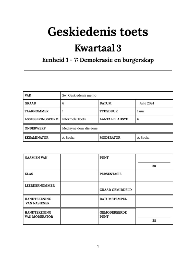 Geskiedenis Toets Kw3 2024 Memo | PDF