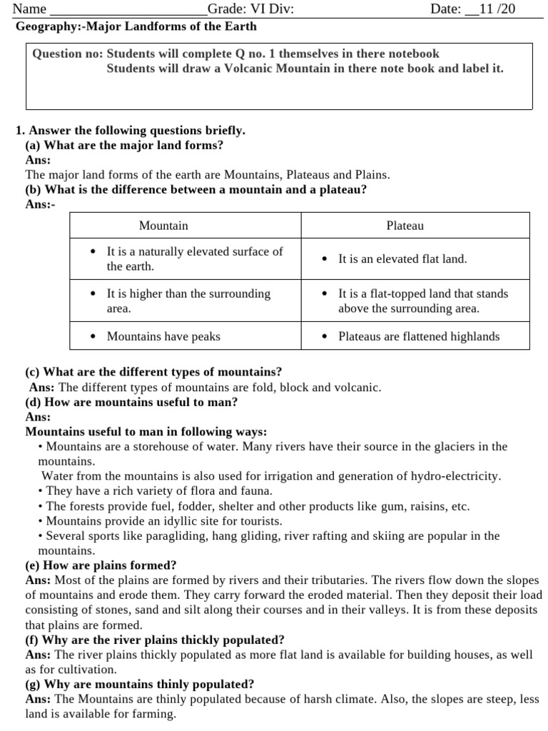 Skill Sheet Major Landforms of The Earth | PDF | Mountains | Plateau