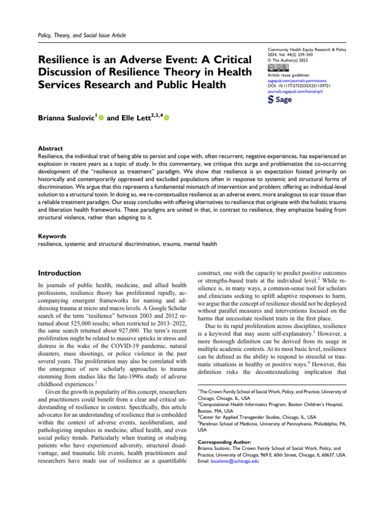 Critique of Resilience in Health Research | PDF | Psychological ...