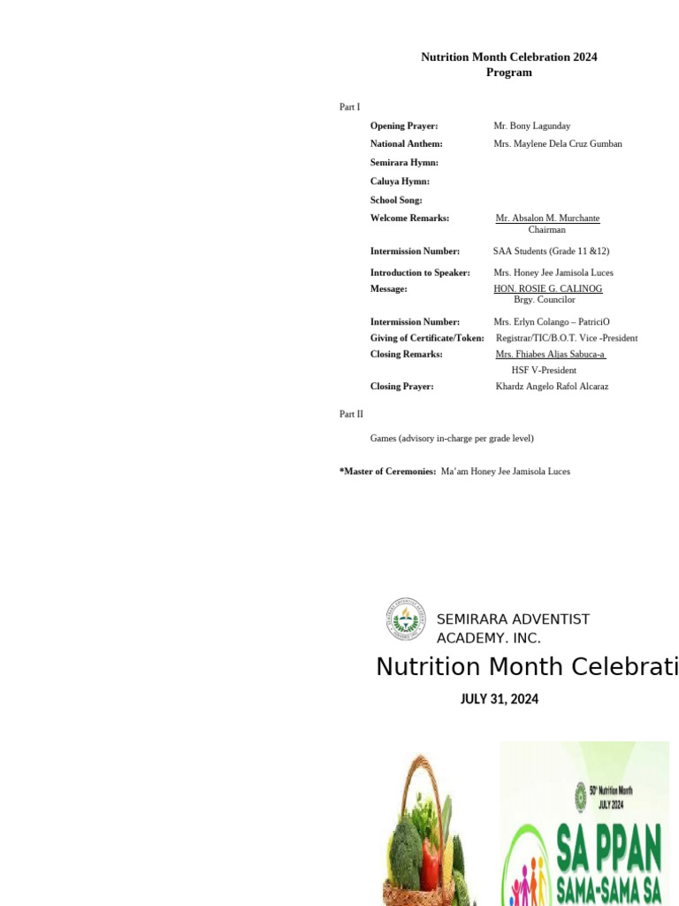Nutrition Month Celebration 2024 Program | PDF