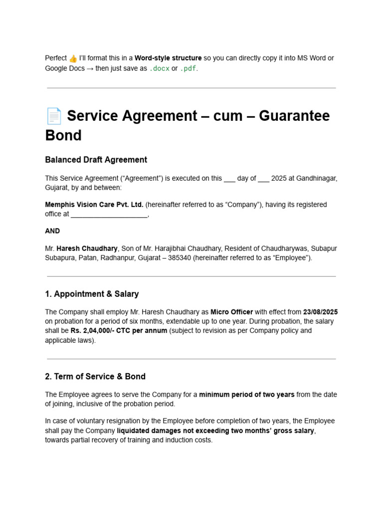 Service Agreement and Guarantee Bond Template | PDF | Employment | Salary