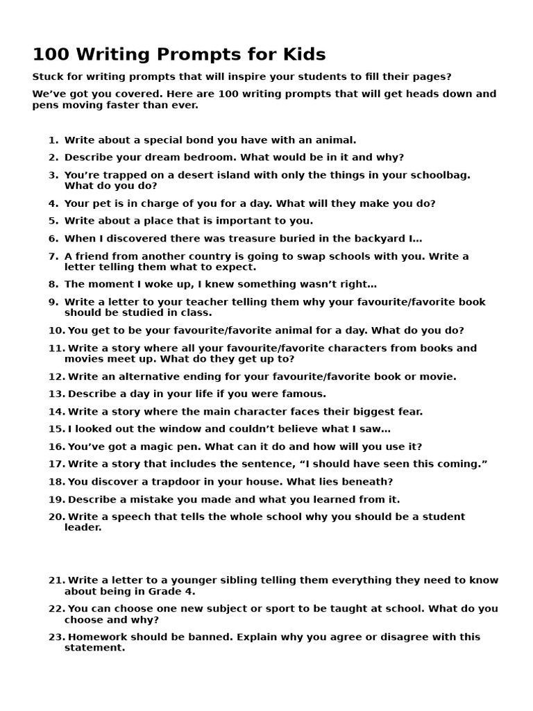 100 Writing Prompts For Kids | PDF