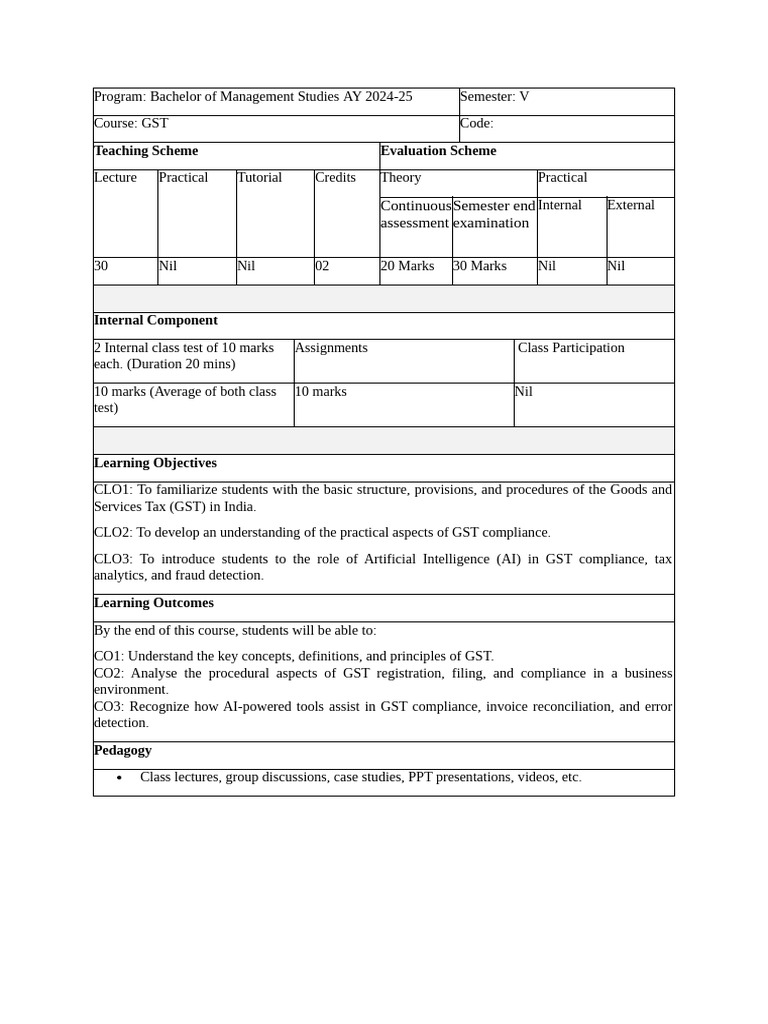 GST Course Syllabus Overview | PDF