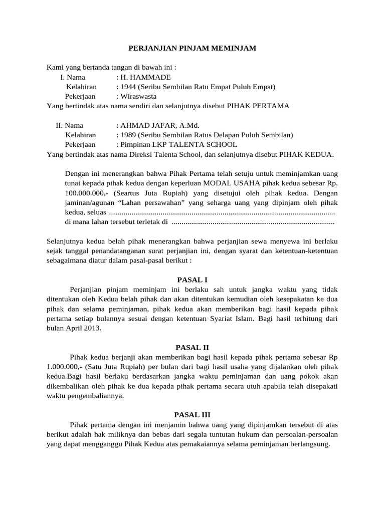 Surat Perjanjian Pinjam Meminjam | PDF
