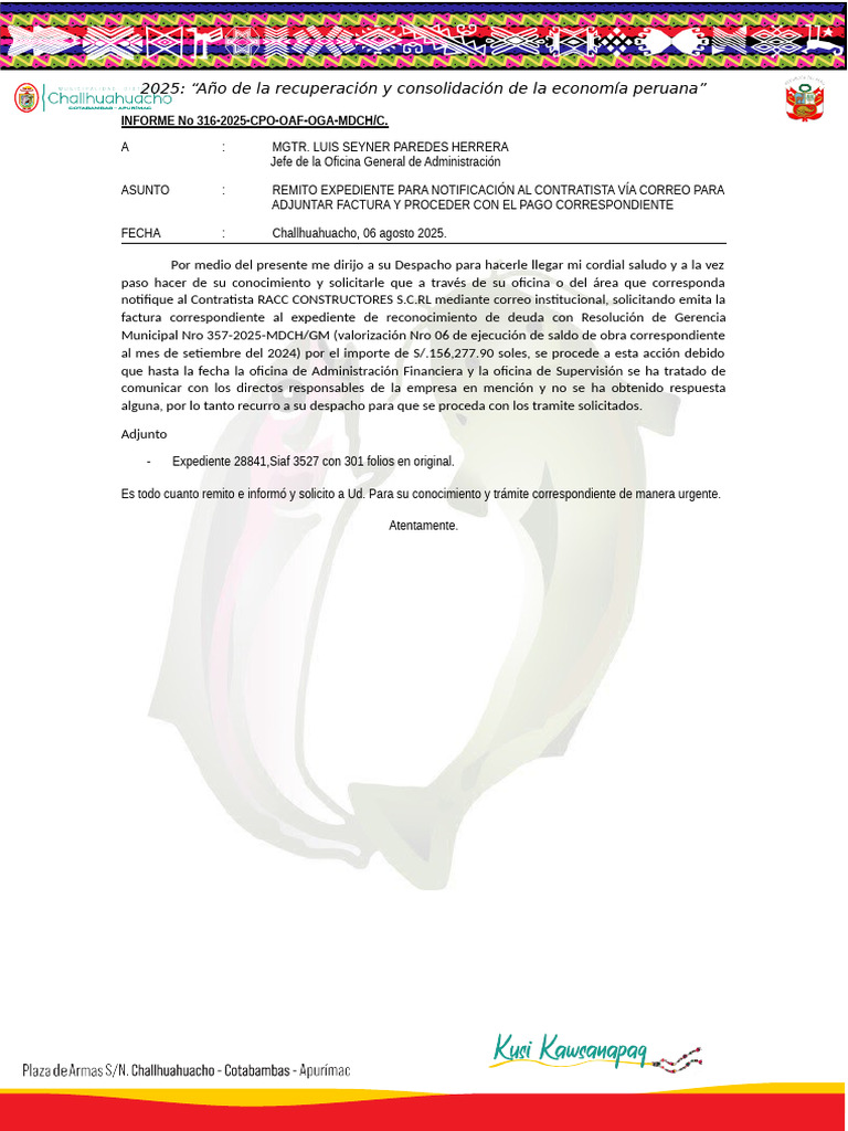 Inf 0316-2025 Remito Expediente Para Adjuntar Factura Siaf 3527-2025 | PDF