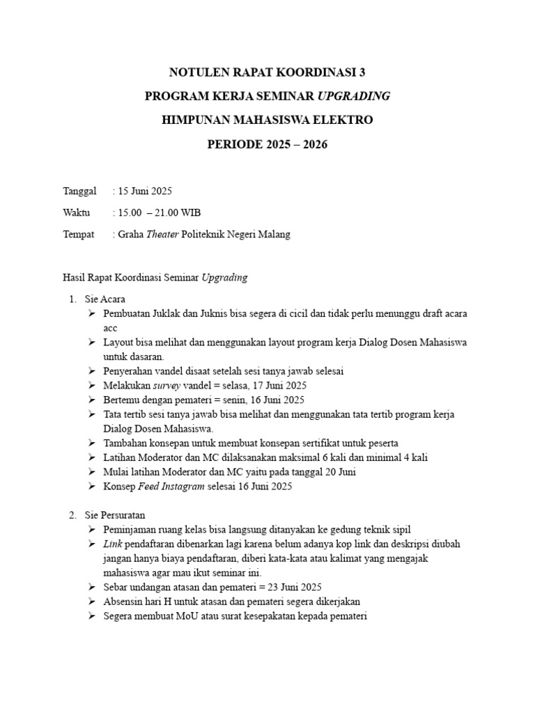 Notulen Rapat Koordinasi 3 Program Kerja Seminar Upgrading Himpunan ...