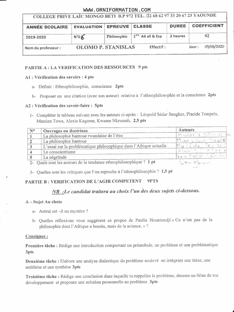 Orniformation Épreuve Philosophie Première Series A4 Collège Mongo | PDF