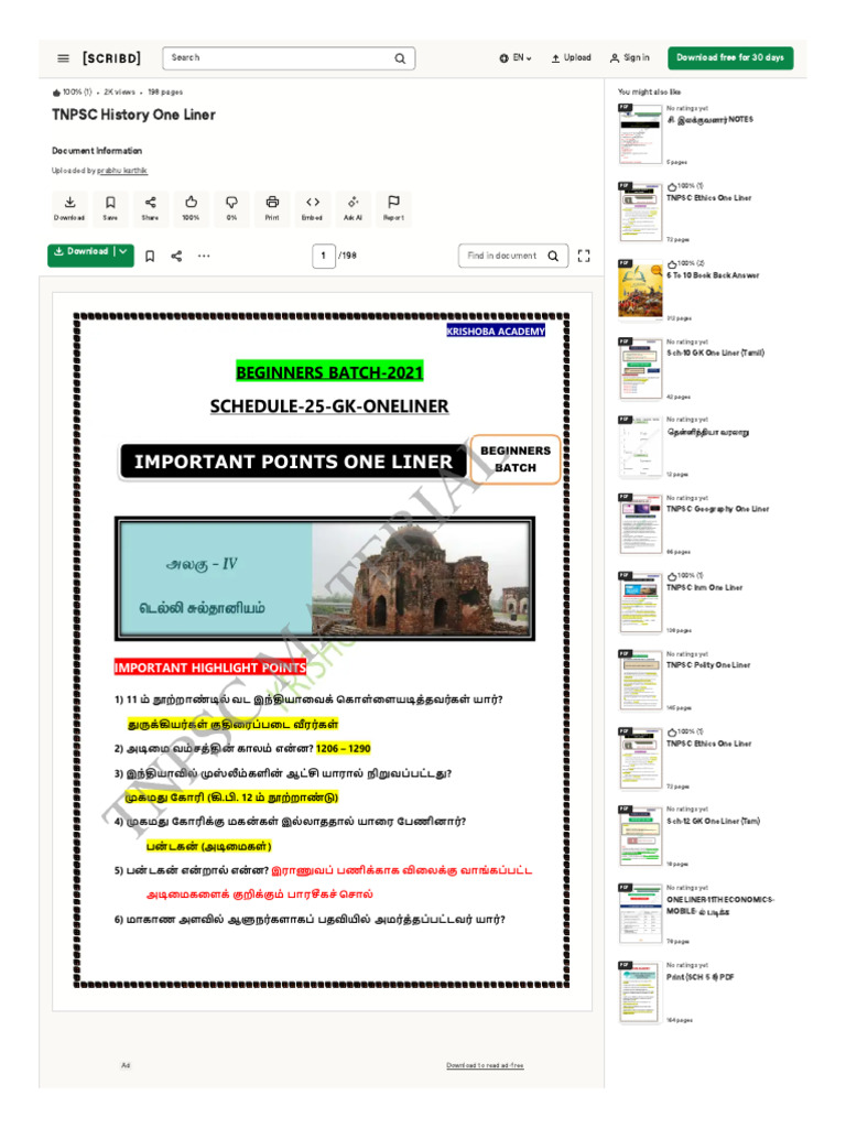 WWW Scribd Com Document 781492919 TNPSC History One Liner | PDF