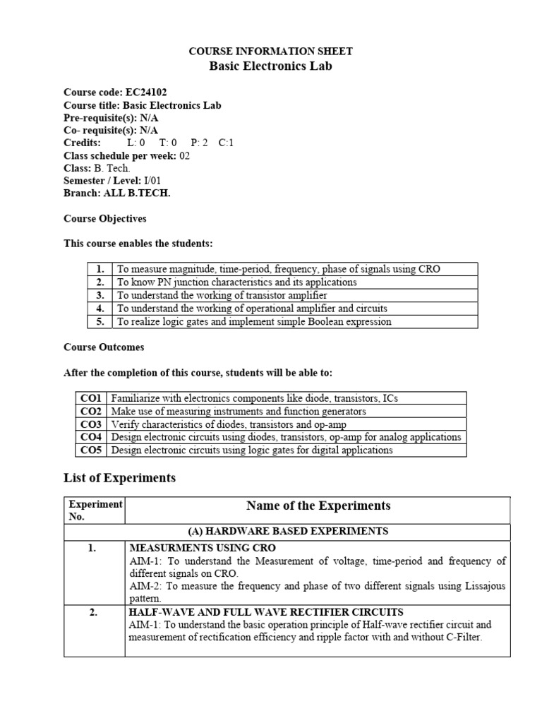 Syllabus of Basic Electronics Lab | PDF | Operational Amplifier | Amplifier