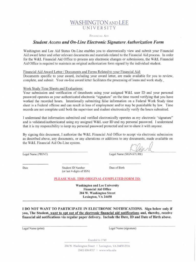 W&L Financial Aid Electronic Signature Form | PDF