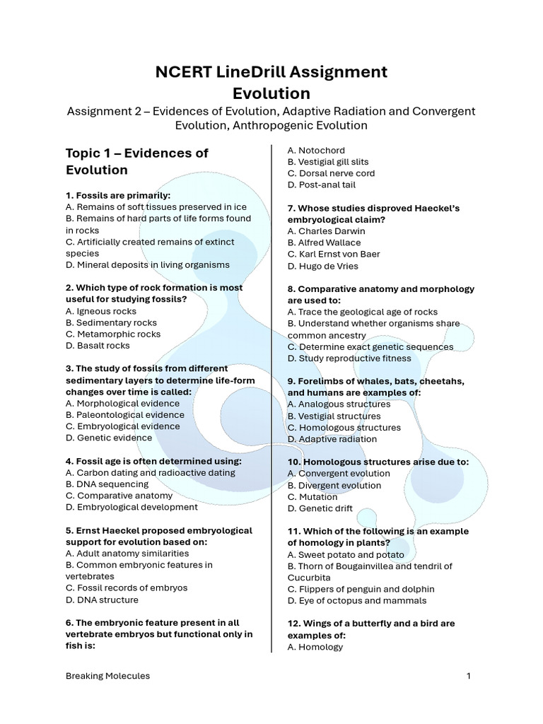 NCERT LineDrill Assignment 2 - Evolution | PDF | Evolution | Marsupials