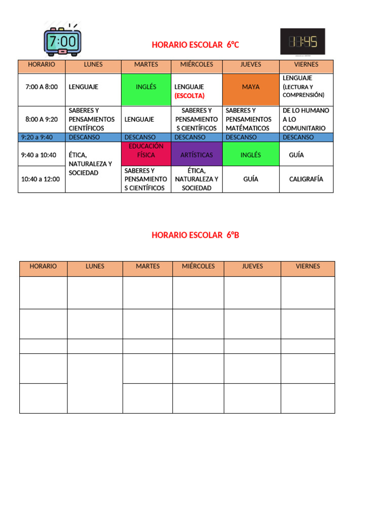 Horario Escolar 6°B y 6°C Detallado | PDF