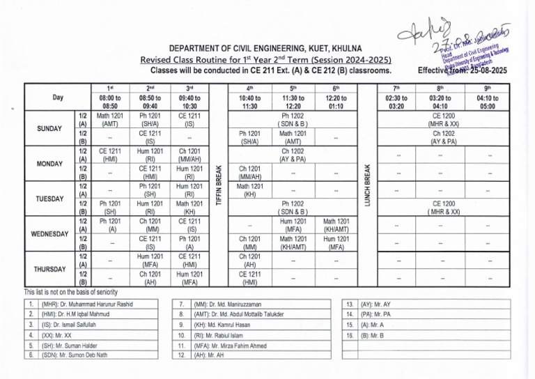 Revised Class Routine For 1st Year 2nd Term (2024-2025) - 0001 | PDF